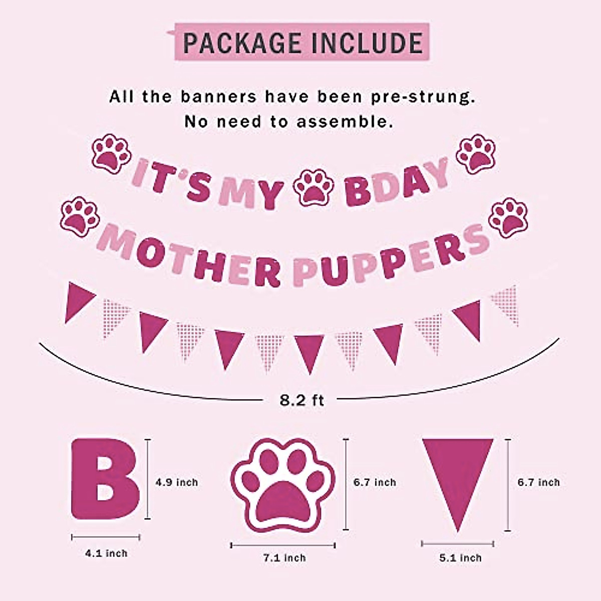Vicycaty Puppy Dog Birthday Banner, Mother Puppers, It's My Bday, Pink Pennants, 98.43x16.69 inches Cardboard