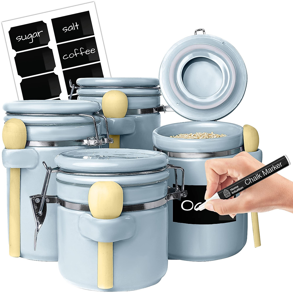 Home Intuition 4-Piece Ceramic Kitchen Canisters Set, Airtight Containers with Wooden Spoons Reusable Chalk Labels and Marker for Sugar, Coffee, Flour, Tea (Mint)