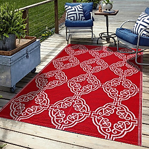 Outdoor Rug - Folded Design - Recycled Plastic Floor Mat for Patio, Camping, Beach, Balcony, Porch, Deck - Weather, Water, Stain, Lightweight, Fade and UV Resistant - Marrakech- Red & White (10'x14')