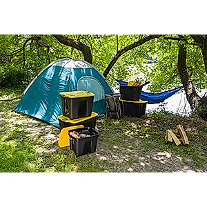 Homz 34-Gallon Durabilt Plastic Stackable Home Office Garage Storage Organization Container Bin w/Lid and Handles, Black/Yellow (2 Pack)