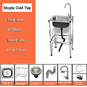 Freestanding Kitchen Sink, Commercial Restaurant Utility Sink Set, Stainless Steel Single Bowl Kitchen Sink, with Faucet (Size : 60x45cm/23.6x17.7in)