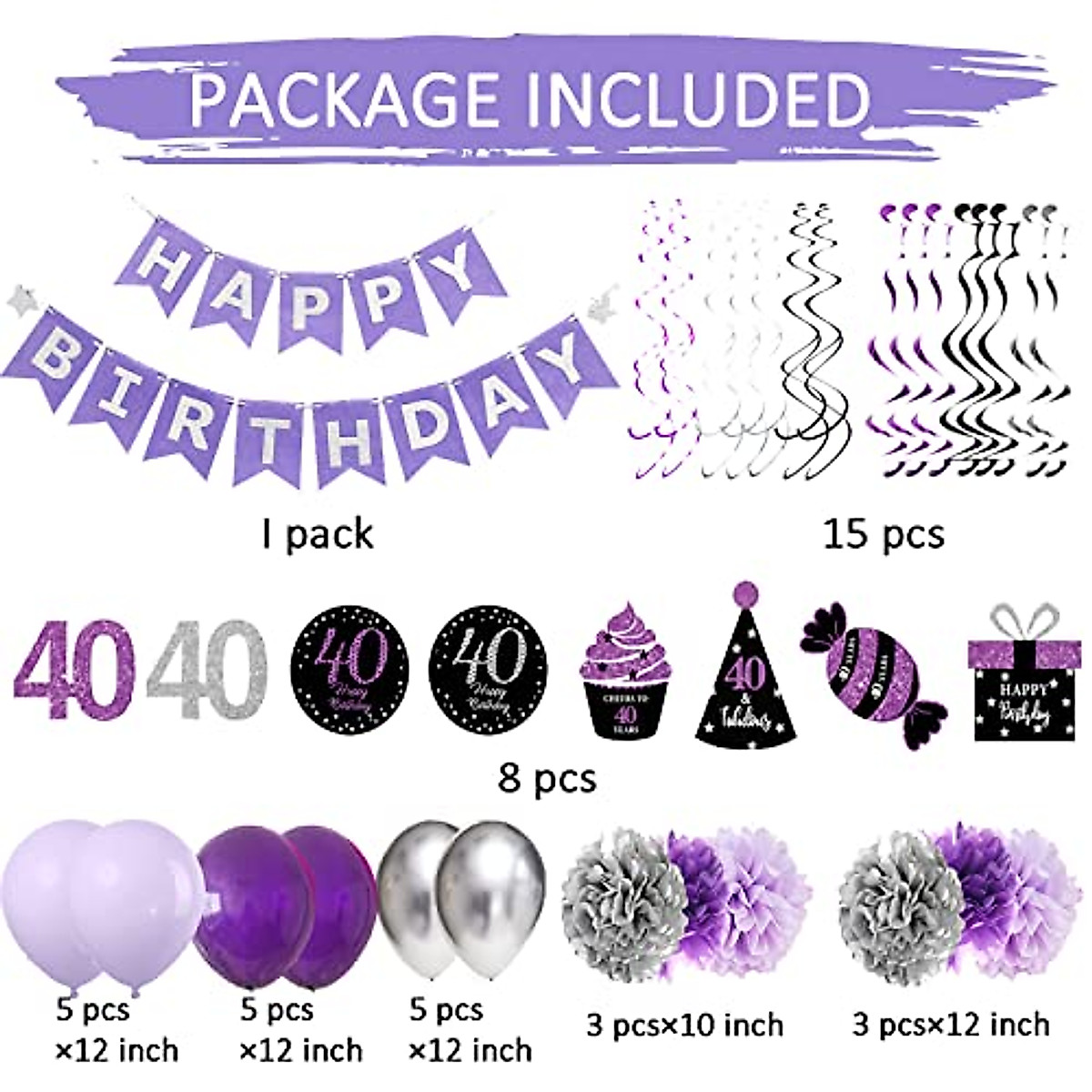40th Birthday Decorations Women Purple Silver Black/40 Birthday Party Decorations Purple Silver Black Foil Hanging Swirls with Balloons Banner for Women 40th Birthday Party Supplies