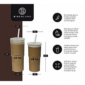 Birchland All Glass Iced Coffee Cup with Lid and Straw, Ribbed Glass Tumbler Set of 2 (18 oz)