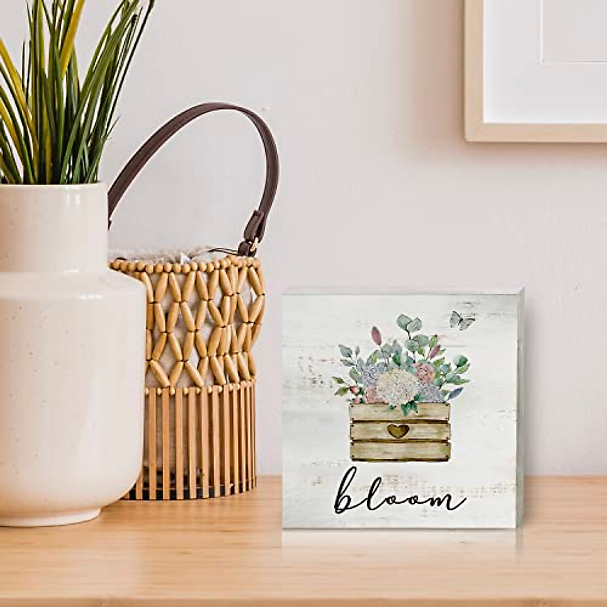 Bloom Wood Box Sign Home Decor Rustic Spring Flowers Bloom Wooden Box Sign Block Plaque for Wall Tabletop Desk Home Decoration