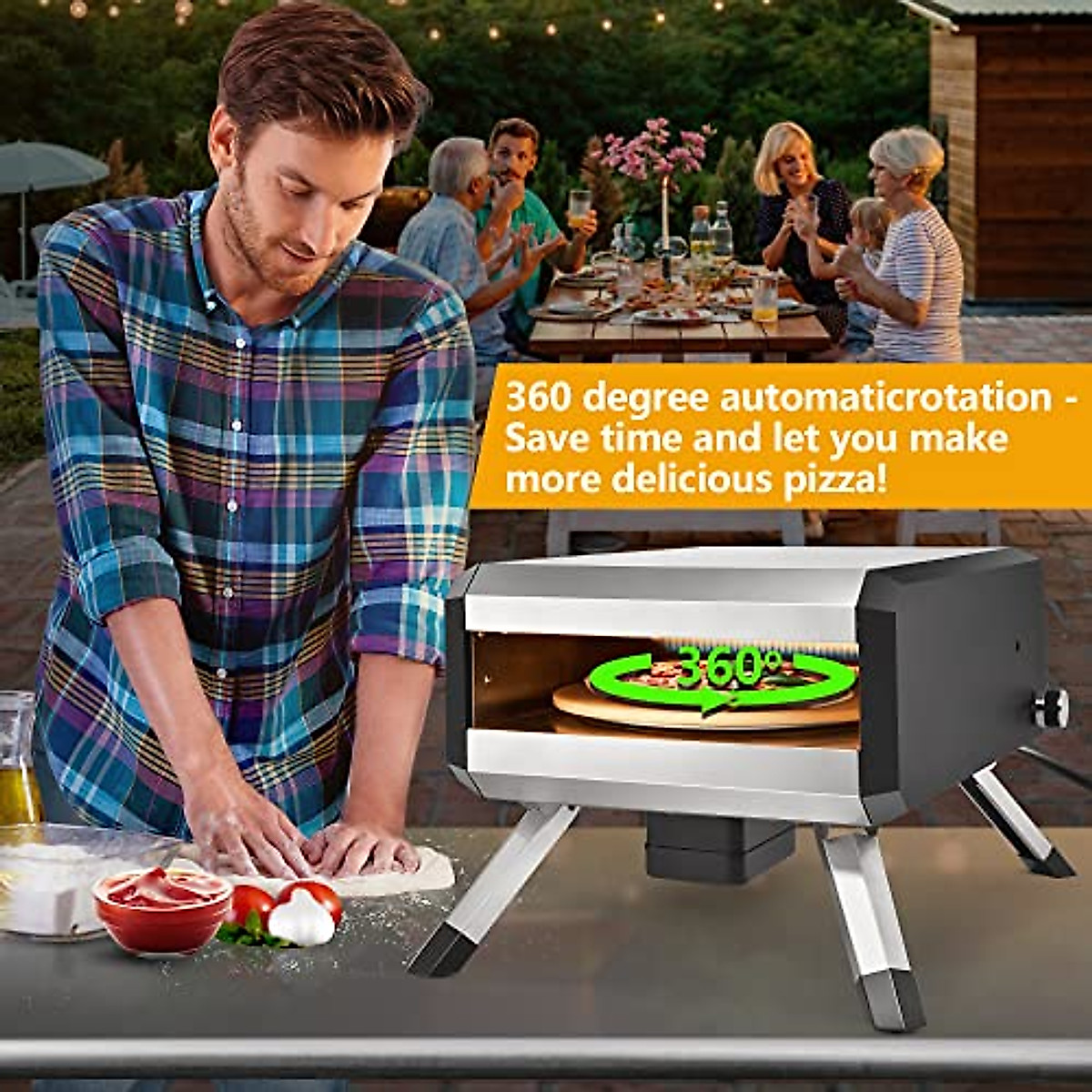 AOSION-Outdoor Gas Pizza Oven, Rotating Propane Pizza Grill Oven for Exterior Backyard Pizza Maker with 14" Pizza stone, Portable Pizza Ovens for Outside with Pizza Peel,Pia,Cutter,Gloves and thermometer.