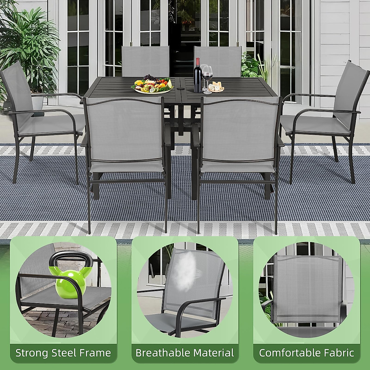 SUNCROWN 7 - Piece Outdoor Dining Set, Patio Furniture Set with 6 x Textilene Dinning Chairs and 1 Steel Slat Metal Bistro Table for Lawn Garden Backyard Deck, Grey