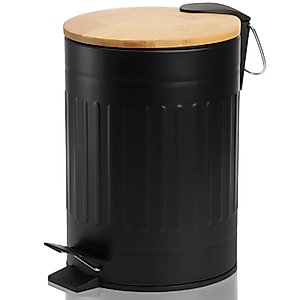AVLA 2 Liter Small Step Trash Can, Metal Pedal Rubbish Wastebasket Trashcans, Round Garbage Container Bin with Bamboo Lid and Liner Bucket, Compact Waste Basket for Bathroom Office Bedroom Kitchen
