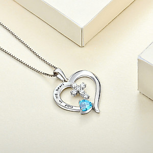 YL Women's Heart Cross Necklace 925 Sterling Silver Created Aquamarine God in my heart'' Pendant Crucifix Jewelry