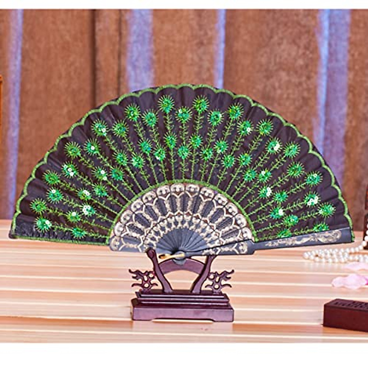 RAZZUM 2 Pcs Handmade Sequins Peacock Dancing Fans Foldable Fan Sequin Fan Hand Fans for Women Peacock Fan Folding Fan Spanish Hand Fan Flower Folding Fan Summer Handheld Fan Silk Fan Fan