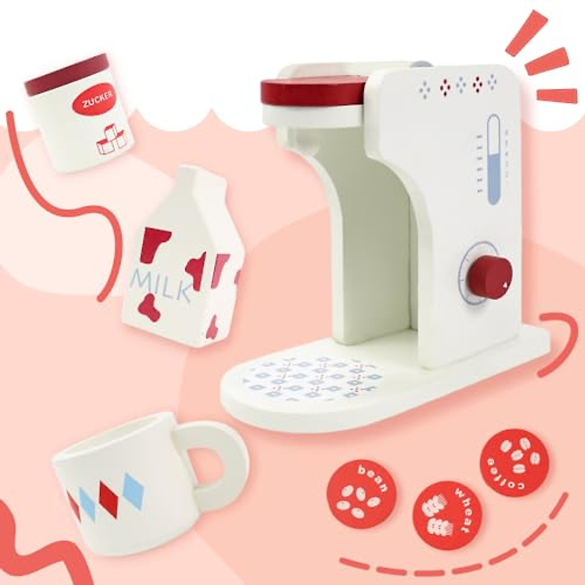 OsetToys Kids Coffee Maker Playset, Wooden Coffee Set Play to Learn Coffee Making Routine , Multi - Pretend Play Kitchen Accessories Kids Coffee Maker Play Set for Girls and Boys