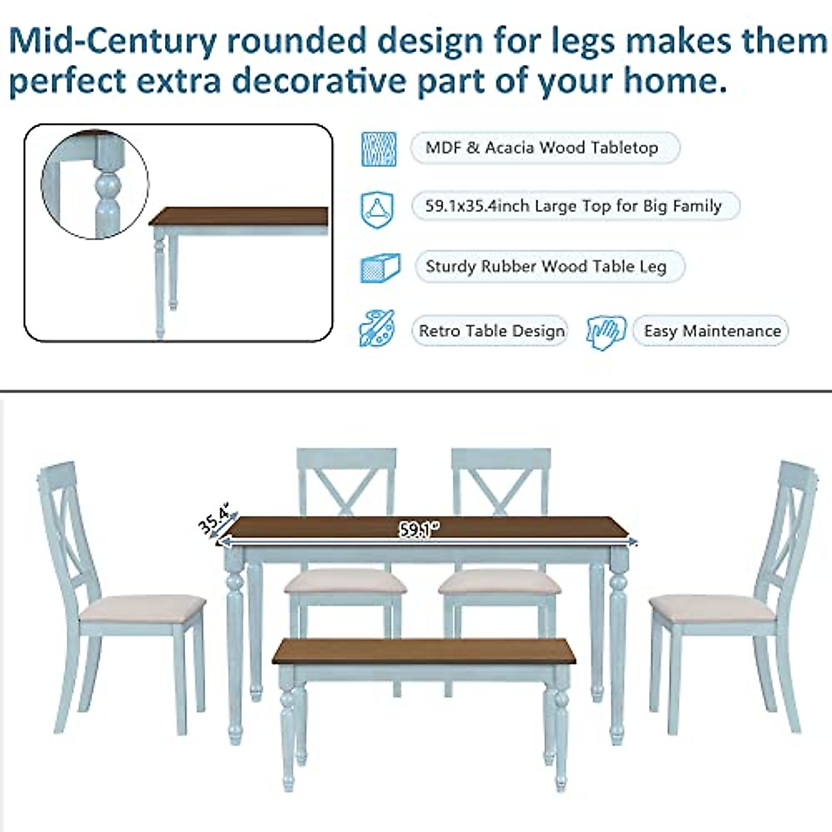 Harper & Bright Designs 6 Pieces Dining Table Set, Kitchen Table Set with Wood Dining Table, Bench and 4 Padded Dining Chairs, Walnut Top+ Light Blue Frame+Beige Seat