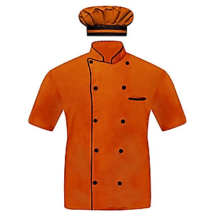 INFOHANDMADE Modeling Men Chef Jacket Half Sleeves in 10 Colours Chef Coat with Cap Orange (Medium)
