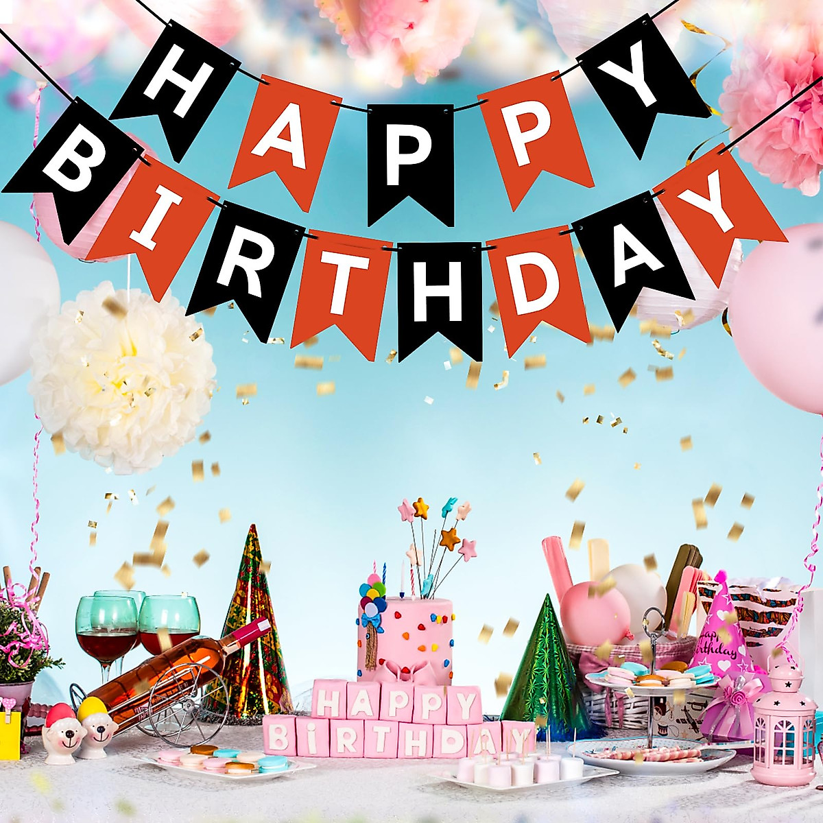 GBAUKAFHE Happy Birthday Banner Sign,Happy Birthday Decorations Black and Red Birthday Flag Bunting for Birthday Party Backdrop Decor Party Supplies for Kids Girls Boys Women Party Garland for Kids