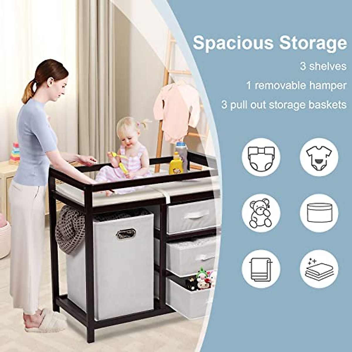 Baby Changing Table - Changing Station with Laundry Hamper, 3 Storage Baskets, and Pad, Multi Storage Nursery Changing Table for Infants or Babies (Dark Brown)