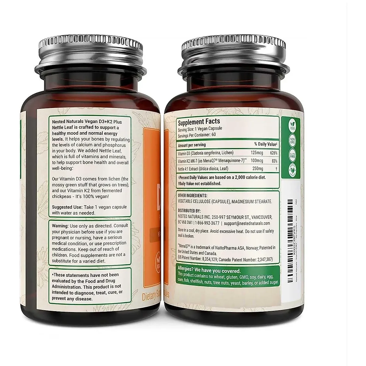 Nested Naturals – Vitamin D3+K2 | Supports a Healthy Immune System, Heart, & Strong Bones | 100% Vegan & Non GMO | 5000 IU Vitamin D3 from Lichen with 100 mcg Vitamin K2 MK-7-60 D3K2 Capsules