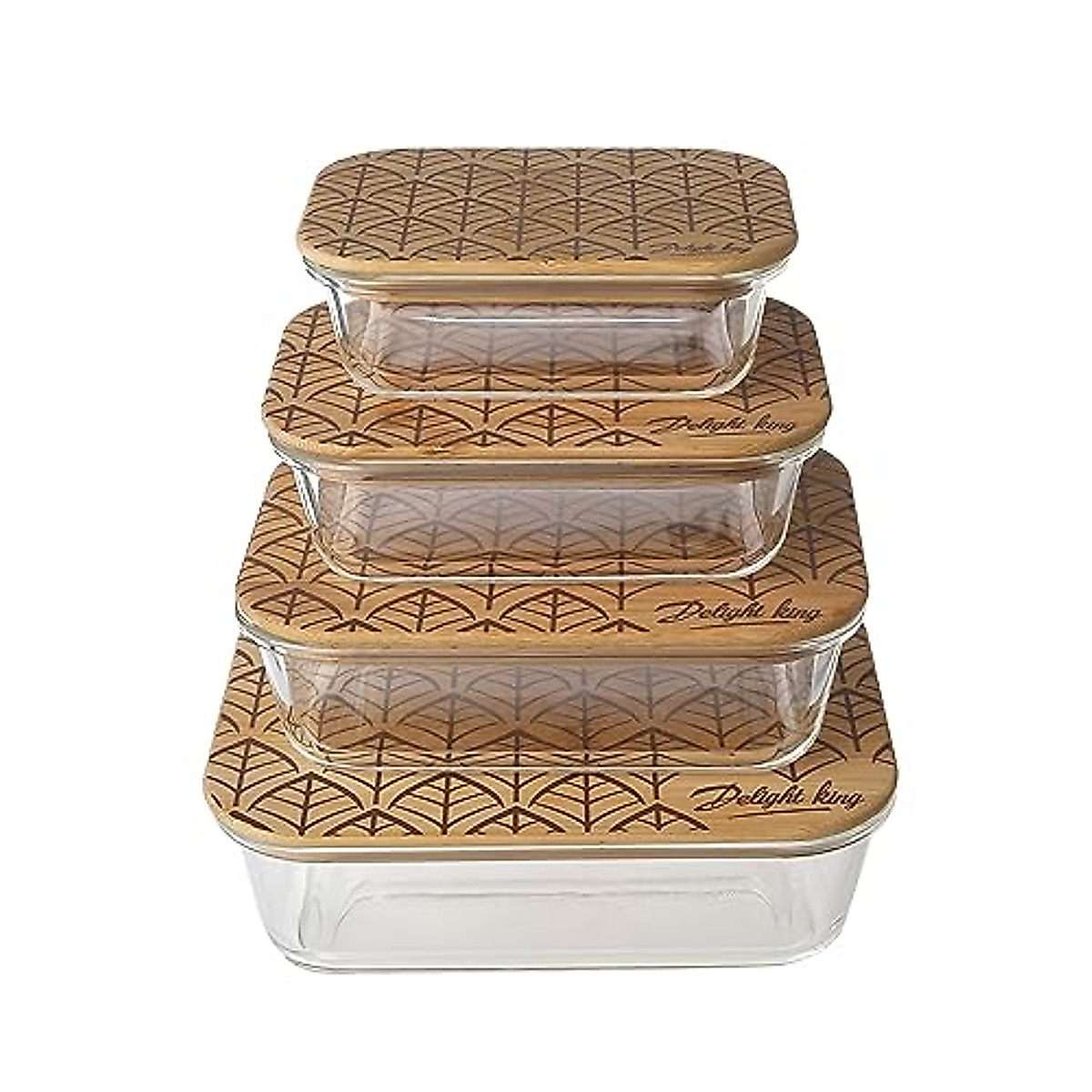 Delight King Glass Containers with Bamboo Lids, Set of 4 Glass Food Storage Containers with Wooden Lids, Non Toxic, Non Plastic, Fridge and Microwave Safe, Eco Friendly, Leaf Printed Wood Lid Design
