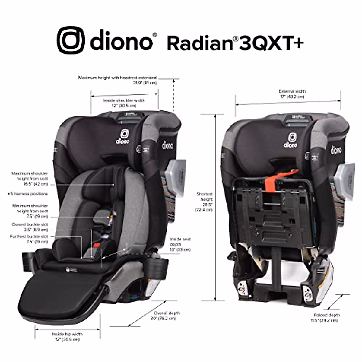Diono Radian 3QXT+ FirstClass SafePlus 4-in-1 Convertible Car Seat, Rear & Forward Facing, Safe Plus Engineering, 4 Stage Infant Protection, 10 Years 1 Car Seat, Slim Fit 3 Across