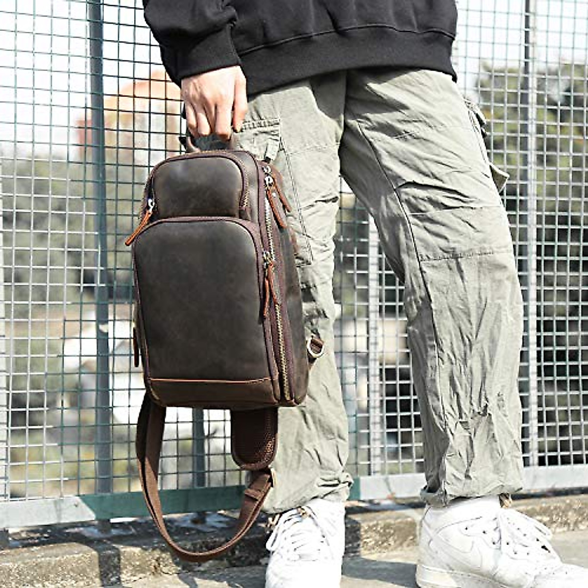 Polare Full Grain Leather Small Sling Bag Travel/Hiking Bike Multi-Purpose Crossbody Daypack For Men