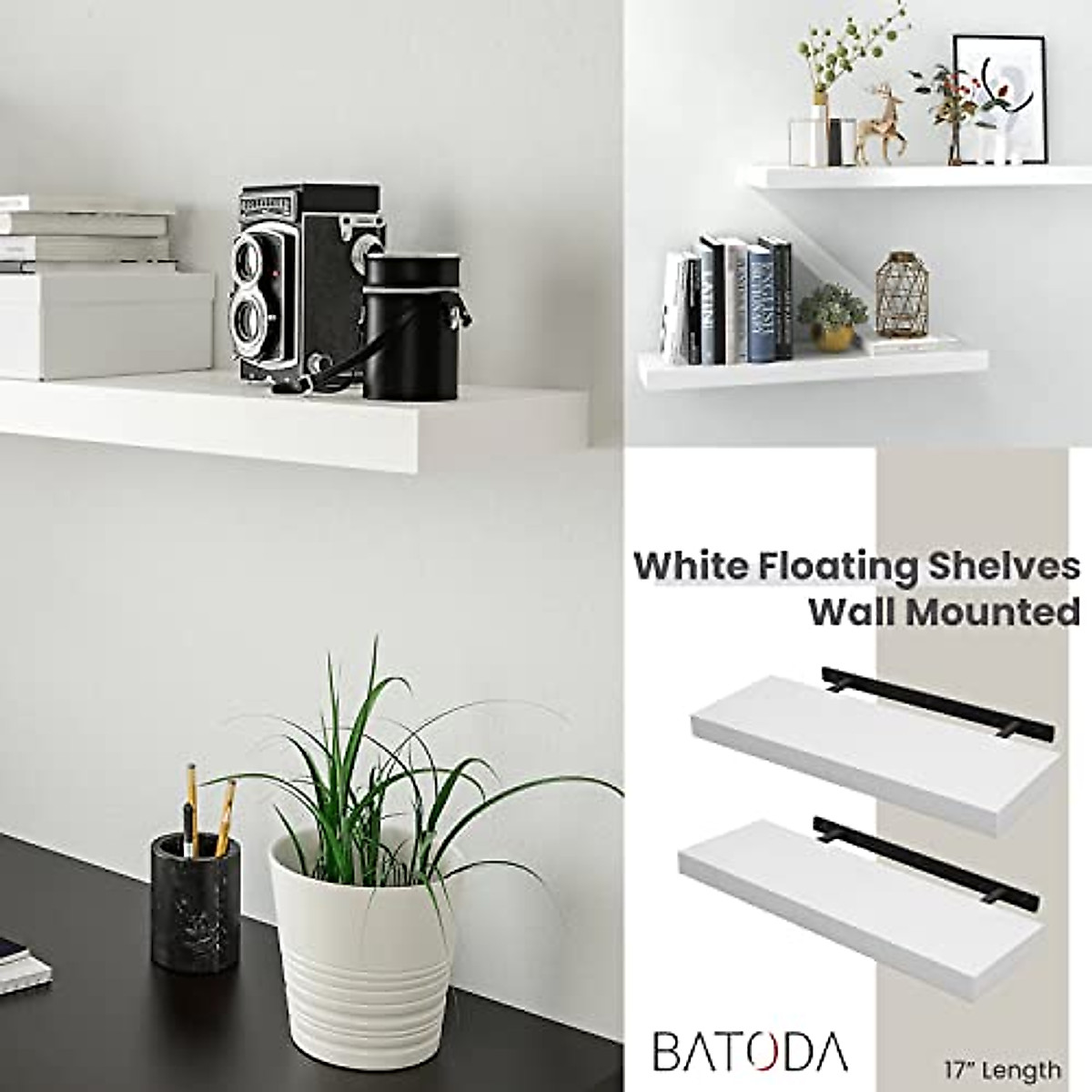 BATODA 17" White Floating Shelves Wall Mounted for Bathroom – Rustic Farmhouse Wooden Wall Storage Shelf for Bed Room, Kitchen, Home Décor - Brackets Included -17x 6x1.2 Inch (17 Inch)