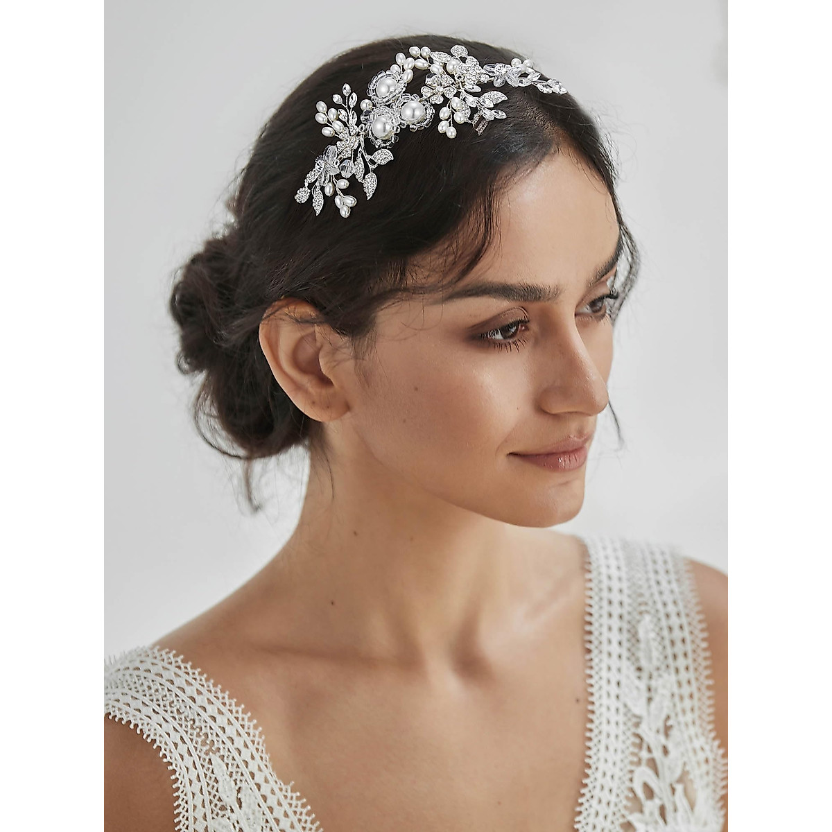 SWEETV Handmade Pearl Wedding Headbands for Women Silver Rhinestone Hair Band Bridal Headpieces for Bride Hair Jewelry Accessories