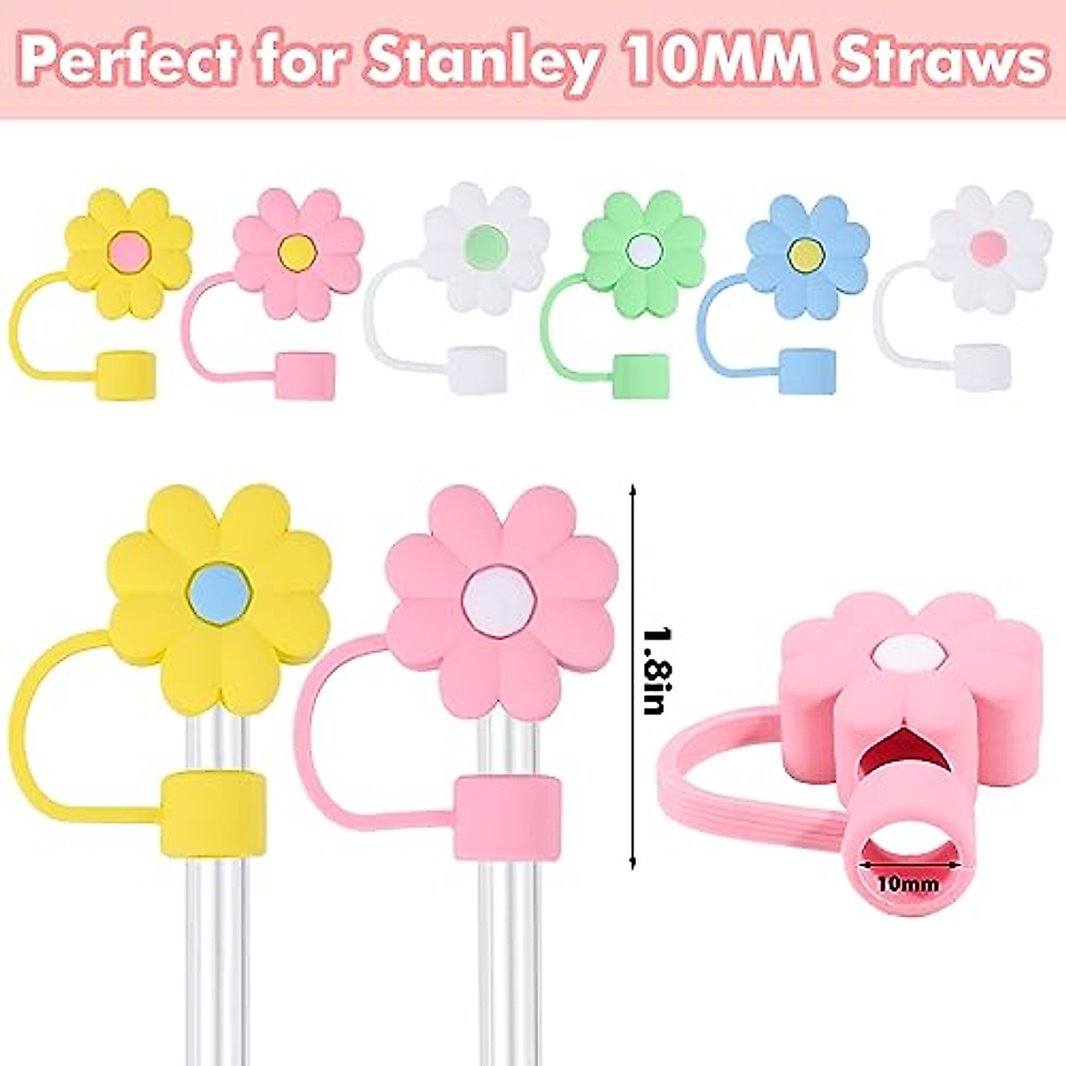 8Pcs Stanley Straw Cover Cap 10mm Cute Silicone Daisy Straw Topper Compatible with Stanley 30&40 Oz Tumbler with Handle Straw Tip Covers for Simple Modern Tumbler Accessories Reusable Straws Protector