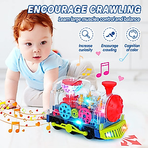 Light Up Transparent Train Toys,Interactive Autism Sensory Toys with Colorful Moving Gears, Music,and LED Effects,Fun Educational Toy for Boys Girls