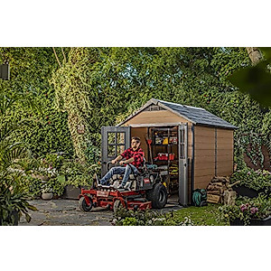 Keter Newton 7.5x9 Large Resin Outdoor Storage Shed Kit – Perfect to Store Patio Furniture, Garden Tools, Bike Accessories, and Lawn Mower, Mahogany Brown