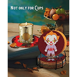 8Pcs Diamond Painting Coasters with Holder,DIY Halloween Life Coaster Diamond Art Kits for Adults Kids,Beginners Round Full Drill Diamond Art Craft Supplies