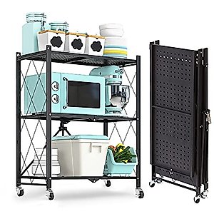 MYDENIMSKY 3-Tier Storage Shelves, Metal Storage Shelves Rack, Foldable Shelving Units with Wheels, Wire Shelving Units No Assemble Required, Movable Garage Shelves, Kitchen and Garden Shelves, Black