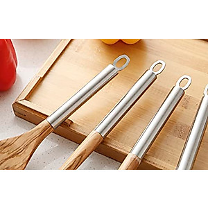 Olive Wooden Spoons for Cooking, NAYAHOSE 5 Pcs Cooking Utensils Set with Stainless Steel Handle, Heat-Resistant Olive Wood Spatulas for Non-Stick Pan