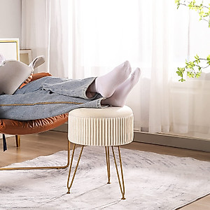 CUYOCA Round Storage Ottoman with Tray, Vanity Stool with Storage for Living Room Makeup Room, Coffee Table Foot Rest Stool for Vanity, Velvet White