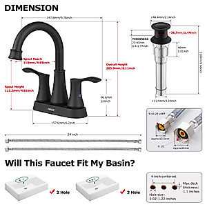 PARLOS 2-Handle Bathroom Sink Faucet High Arc Swivel Spout with Metal Drain Assembly and Faucet Supply Lines, Matte Black, Demeter 14134