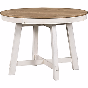 LCH, Farmhouse Round Extendable Dining 16" Leaf Kitchen Table (Oak Natural Wood and Antique White)
