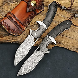 Minowe Handmade Damascus Steel Folding Knife with leather case，3.8in VG10 steel core blade,Steel ball bearings+Carbon Fiber handle，Tactical pocket knife Hiking carry EDC Knife