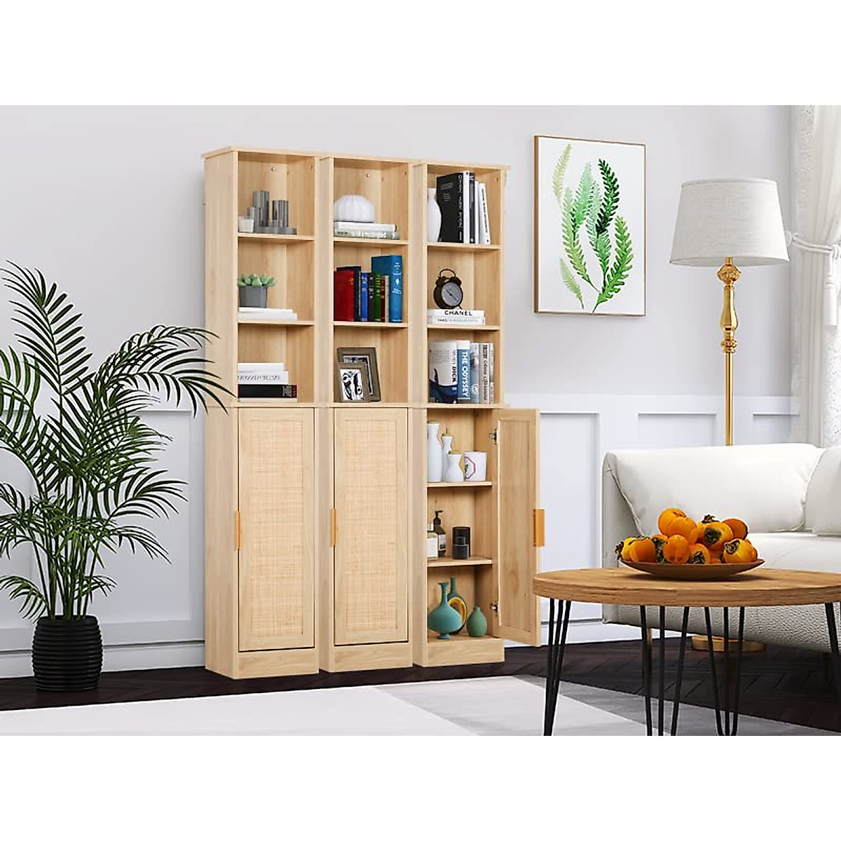 FUQARHY 65'' Tall Bathroom Storage Cabinet Organizer Wood Slim Floor Freestanding Cabinet Linen Tower with Door & 6 Shelves, w/Adjustable Shelves for Home, Bathroom, Kitchen (Natural)