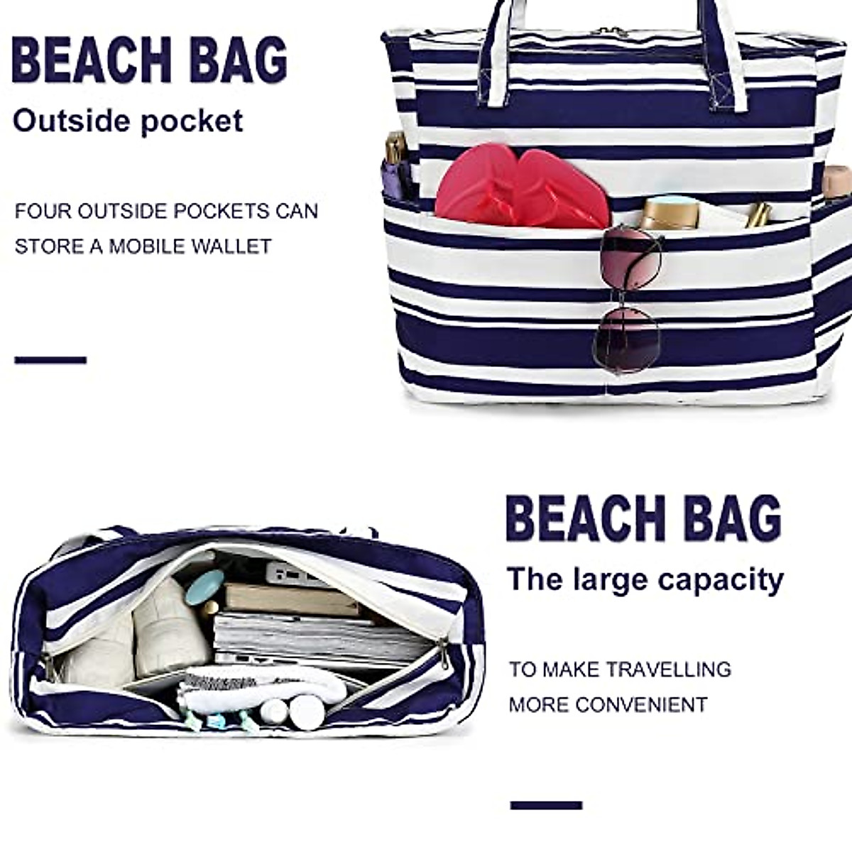 LEDAOU Beach Bag Sandproof Women Tote Bag Pool Bag with Zipper for Gym Grocery Travel with Wet Pocket (Blue White Stripes)