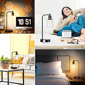 Set of 2 Industrial Touch Control Table Lamps with 2 USB Ports and AC Outlet, 3-Way Dimmable Bedside Nightstand Reading Lamps with Glass Shade for Bedroom Office, Warm White LED Bulbs Included