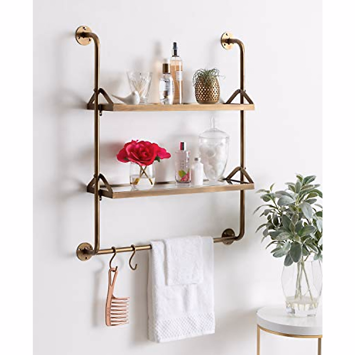 Kate and Laurel Marit Modern Industrial Wall Shelf with Metal Pipe Supports and Glass Shelves, Gold