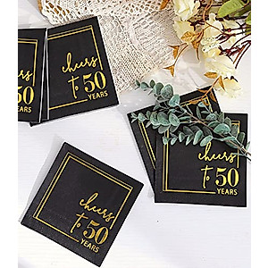Cheers to 50 Years Cocktail Napkins - 50PK - 3-Ply 50th Birthday Napkins 5x5 Inches Disposable Party Napkins Paper Beverage Napkins for 50th Birthday Decorations Wedding Anniversary Black and Gold