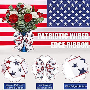 2 Rolls Stars Wired Edge Ribbon 4th of July Red White Blue Ribbon Independence Day Flag Day Ribbon for Wreaths 2.5 Inch Patriotic Fabric Ribbons for DIY Independence Day Party Decorations, 20 Yards