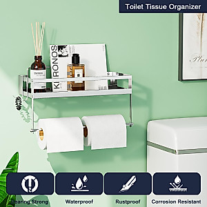 ESOW Paper Towel Holder with Shelf Storage, 2-in-1 Wall Mounted Paper Towel Roll Rack Basket for Kitchen, Balcony & Bathroom, Self-Adhesive or Drilling Installation, SUS304 Brushed Nickel Finish