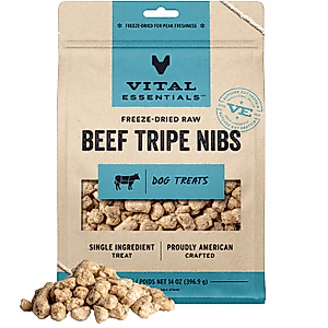 Vital Essentials Freeze Dried Raw Single Protein Dog Treats, Beef Tripe Nibs, 14 oz | Premium Quality High Protein Training Treats | Grain Free, Gluten Free, Filler Free