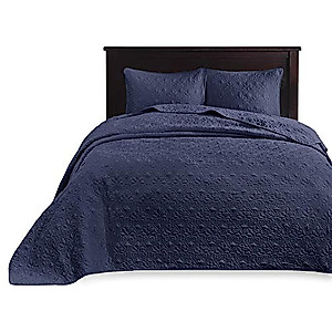Madison Park Quebec Reversible Quilt Set Damask Design, Double Sided Stitching All Season, Lightweight Bedspread Bedding Set, Matching Sham, Navy, King(120"x118") 3 Piece
