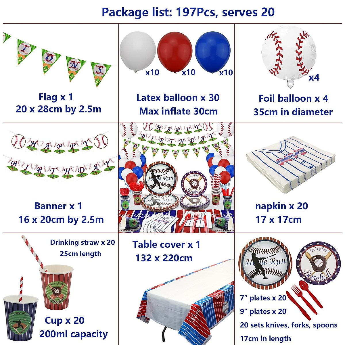 Baseball Party Supplies Sports Tableware Party Pack for Baseball Themed Birthday Party Including Plates, Cups, Napkins, Spoons, Knives, Forks, Tablecloth, Banner, Balloons Serves 20