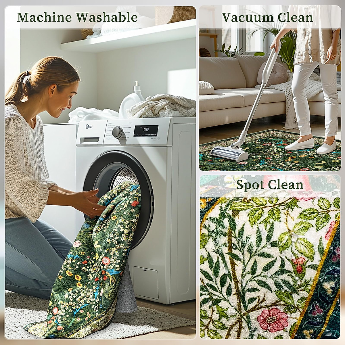 8 X10 Area Rugs for Living Room, Machine Washable Rug for Bedroom, Green Rug Non-Slip for Hardwood Carpet, Vintage Soft Low-Pile Throw Rugs for Dining Room, Kitchen, Entryway, and Dorm