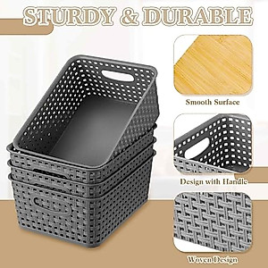 Barydat 4 Pack Plastic Storage Baskets with Bamboo Lid Pantry Organization Storage Containers Lidded Bins Container for Shelves Drawers Desktop Closet Playroom Classroom Office(Gray)