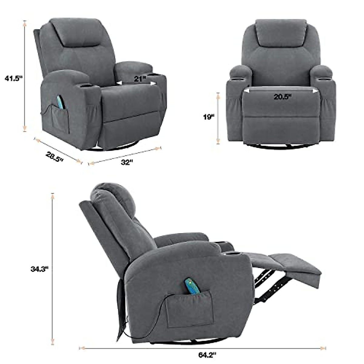 Flamaker Rocking Chair Recliner Chair with Massage and Heating 360 Degree Swivel Ergonomic Lounge Chair Classic Single Sofa with 2 Cup Holders Side Pockets Living Room Chair Home Theater Seat (Gray)
