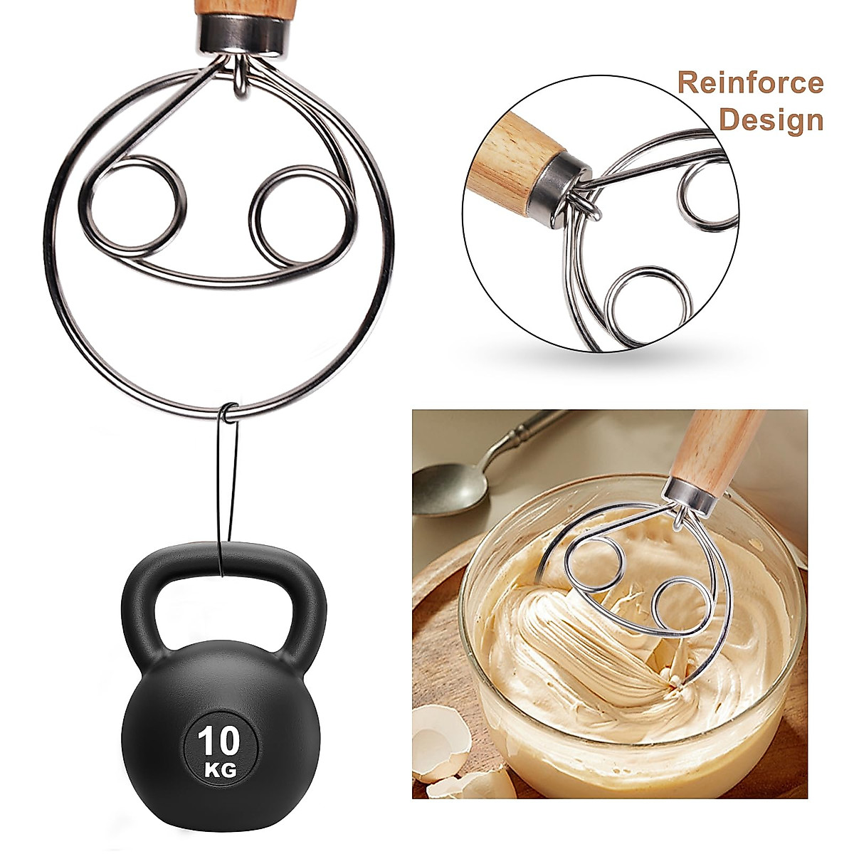 Dkoyied Danish Dough Whisk Large Bread Whisk 13 Inches Premium Stainless Steel Dough Whisk Traditional Dutch Style Bread Dough Whisk, Whisking Tool with a Cleaning Brush