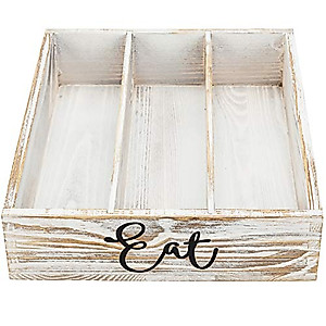MyGift 3 Slot Shabby Whitewashed Wood EAT Tabletop Dining Utensil Cutlery Tray, Cabinet, Drawer Storage Organizer for Forks, Knives and Spoons