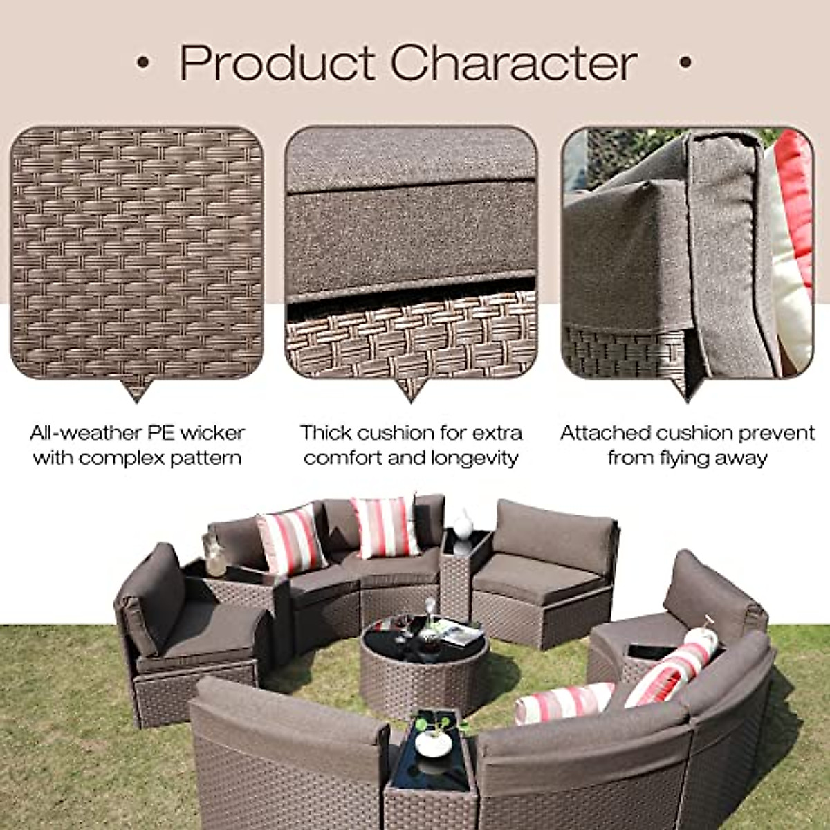 SUNSITT Patio Furniture Set 13-Piece Round Sectional Sofa Patio Furniture Wicker Sofa with 4 Side Tables and 4 Pillows for Patio, Yard, Garden or Backyard (Grey Brown)
